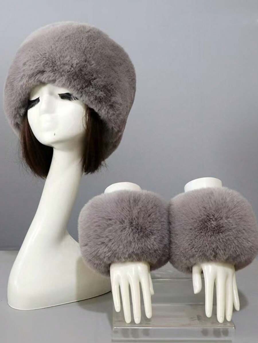 2pcs Set Solid Color Acrylic Fuzzy Beanie Hat And Cuffs, Fluffy Trim ...