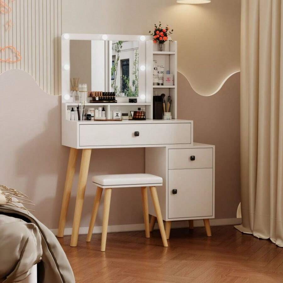 Dressing Table, Padded Stool Set, White, Wooden Cosmetic Table With ...
