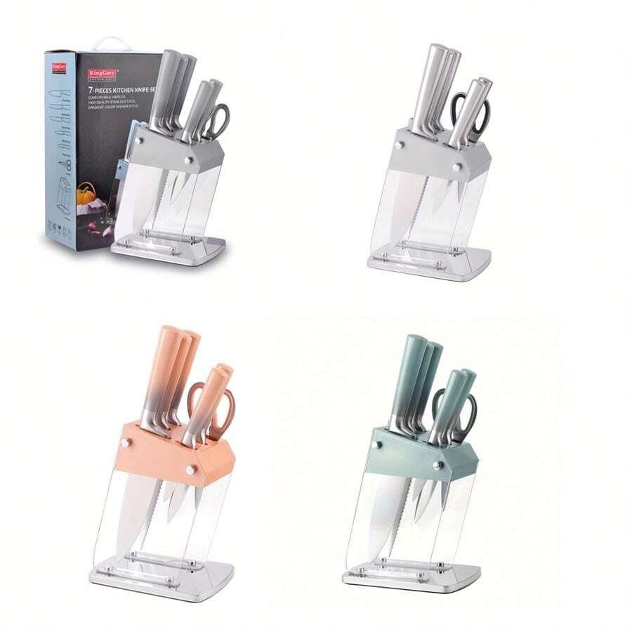 Light Pink Kitchen Knife Set 7 Pieces With Storage Rack Chef Knife ...