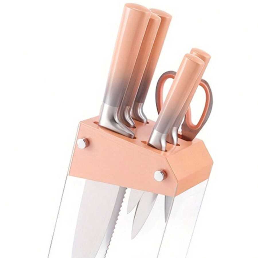 Light Pink Kitchen Knife Set 7 Pieces With Storage Rack Chef Knife ...