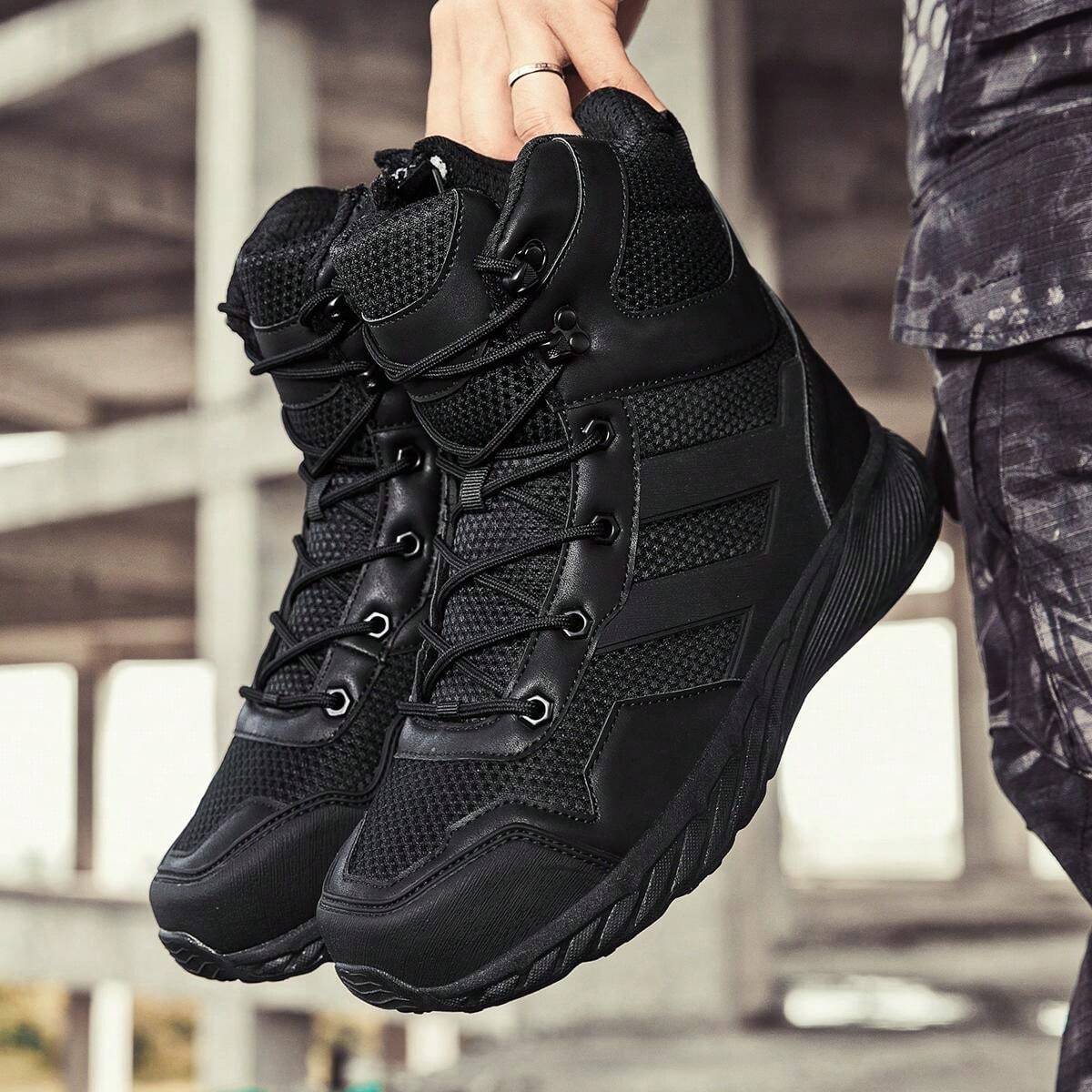 Men's Black High-Top Safety Boots, Round Toe Lace-Up, High Quality ...