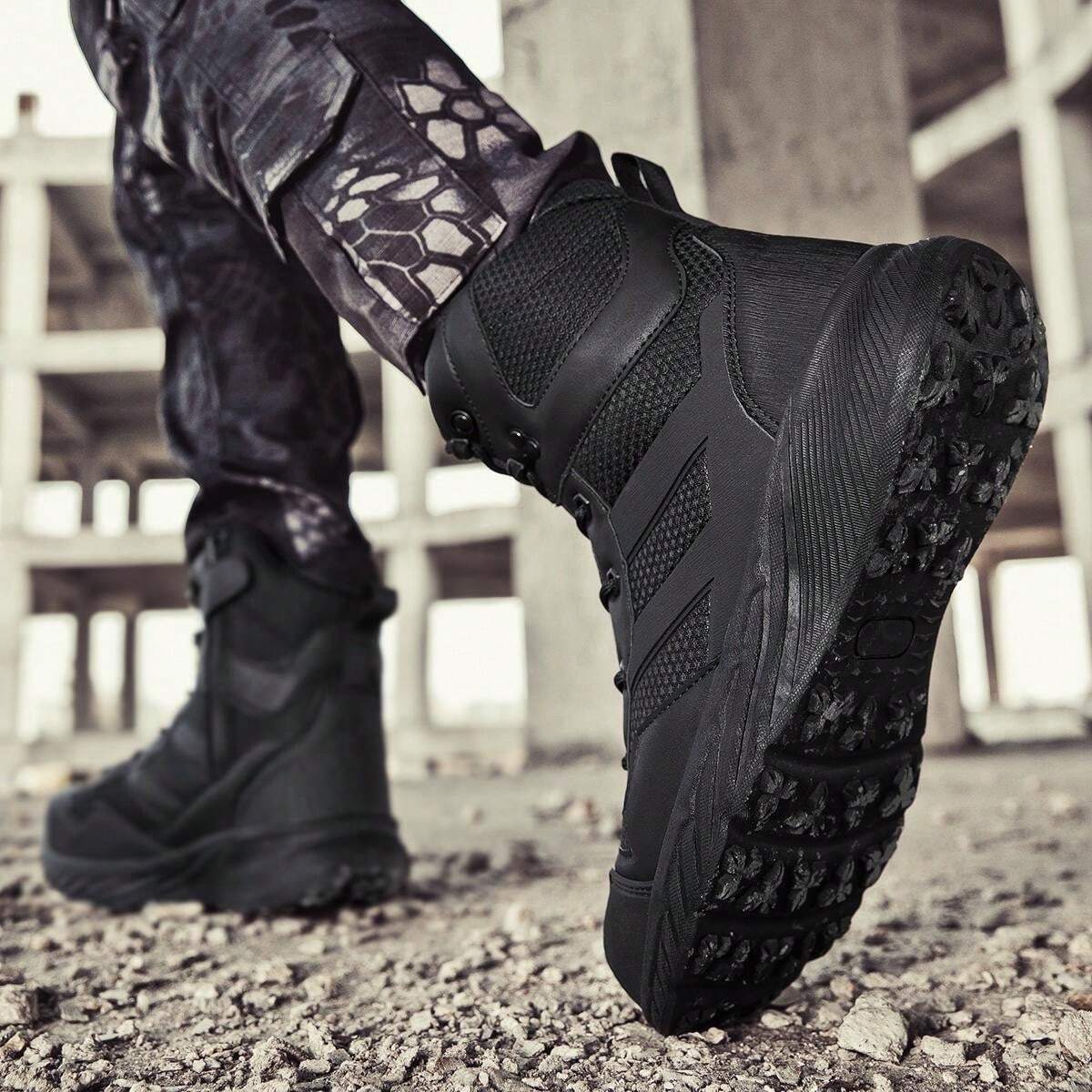 Men's Black High-Top Safety Boots, Round Toe Lace-Up, High Quality ...