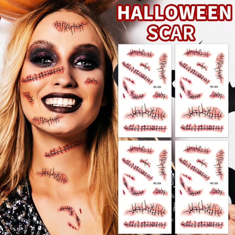 10 Sheets Halloween 3D Fake Scar Temporary Tattoos For Adutls, Horror ...