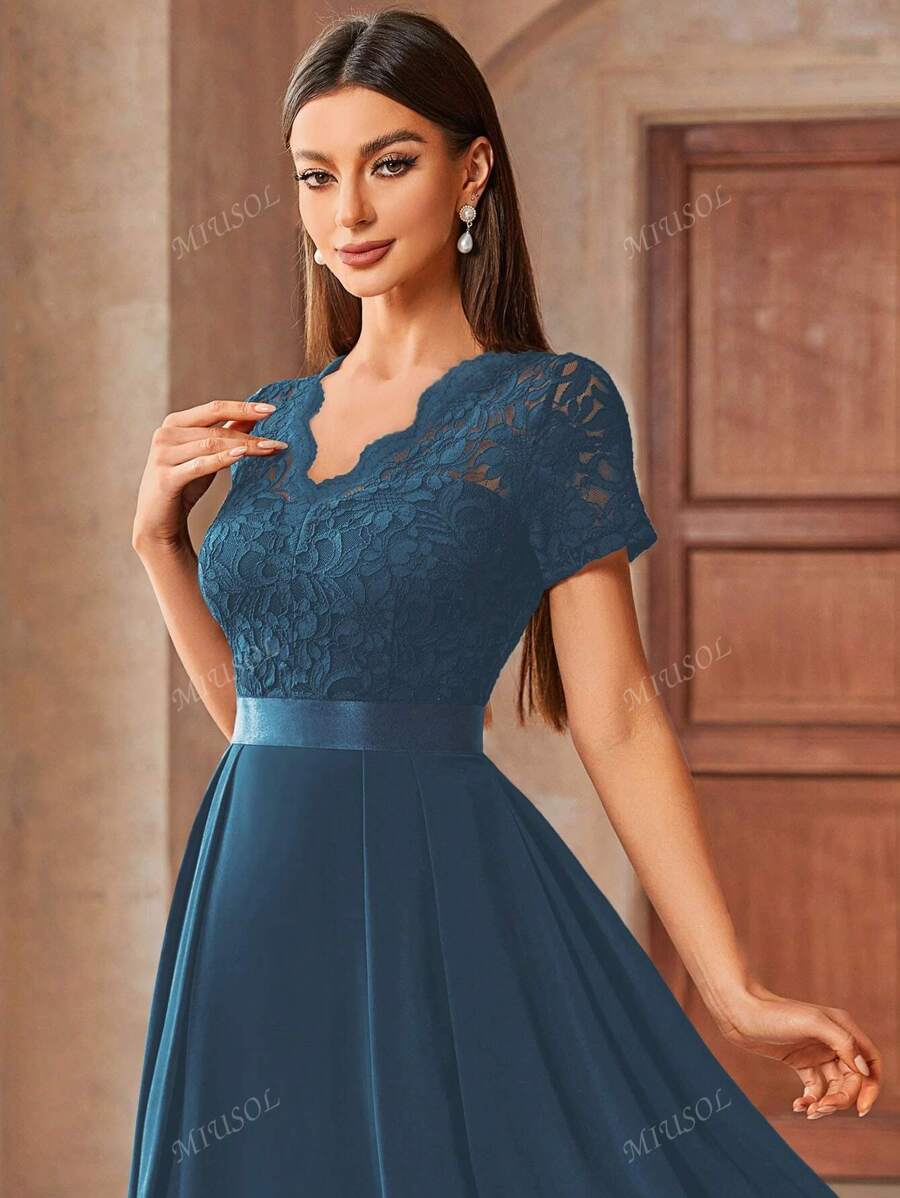 MIUSOL Elegant V-Neck Floral Lace Pleated Hem Chiffon Cocktail Party ...