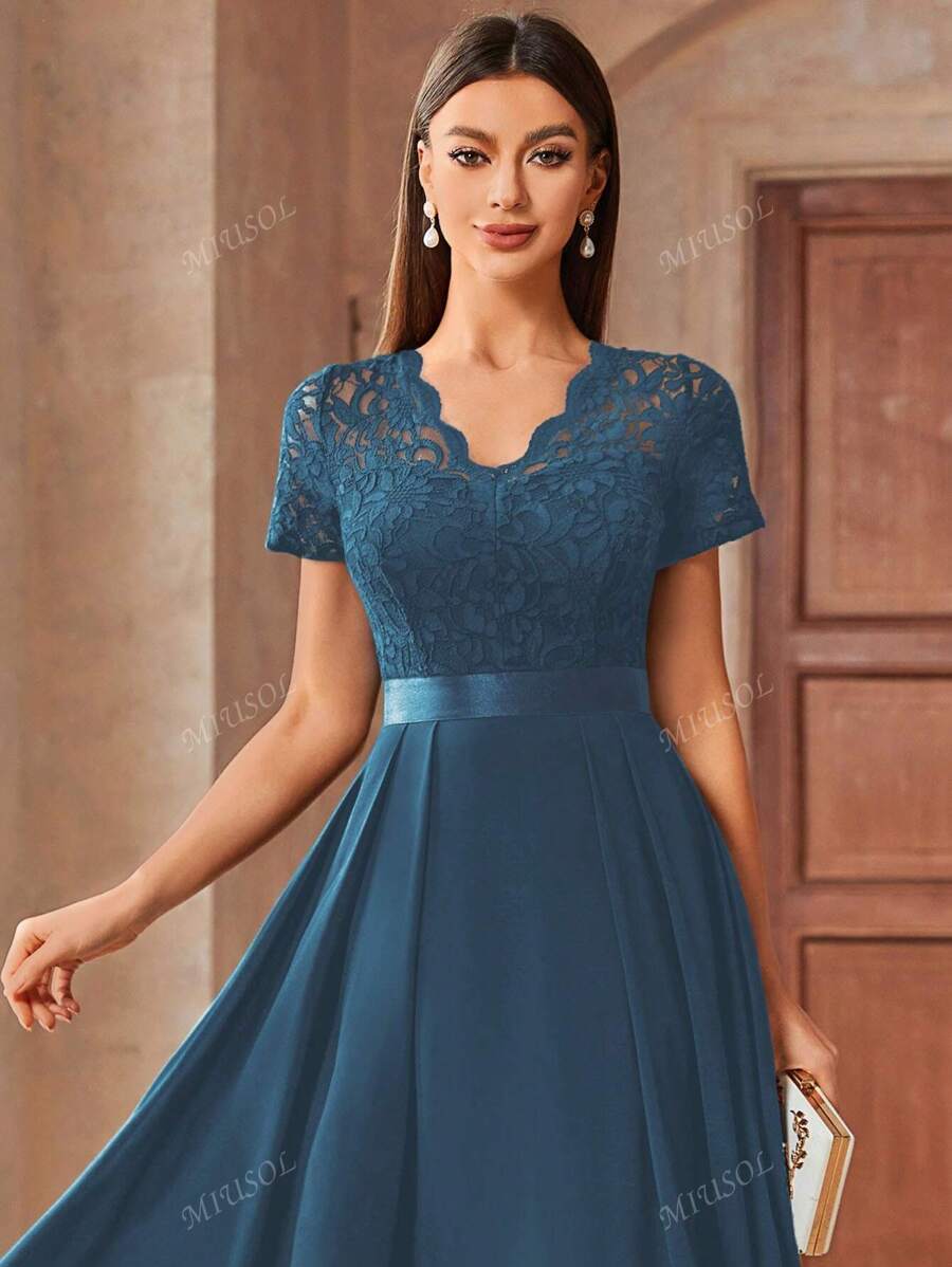 MIUSOL Elegant V-Neck Floral Lace Pleated Hem Chiffon Cocktail Party ...