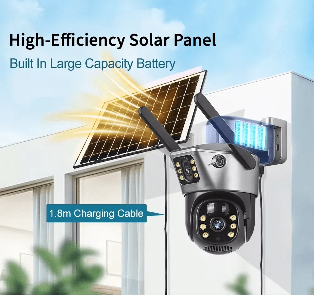SWVW WIFI Solar Camera Dual Lens Outdoor 8MP 4K 10X Zoom Low Power Battery IP Camera PIR Night ...