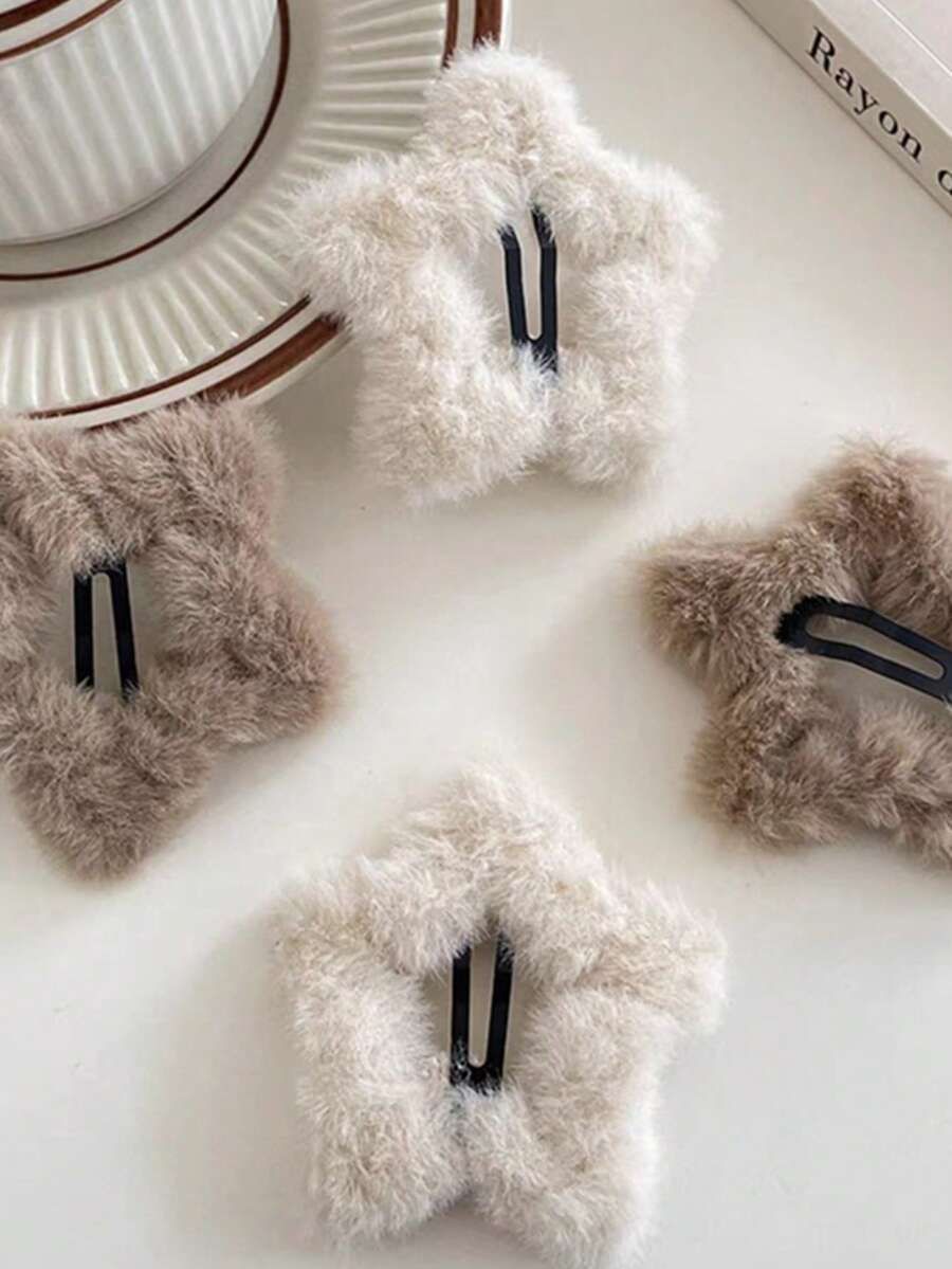 6pcs Women's Autumn/Winter Fuzzy Star Hair Clips, Cute & Elegant Side ...