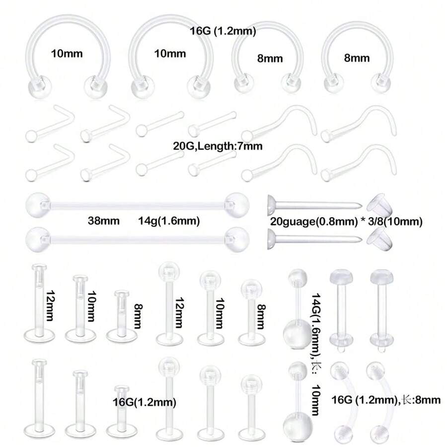 38pcs Clear Piercing Retainers For Surgery Bioflex Nose Rings Belly ...