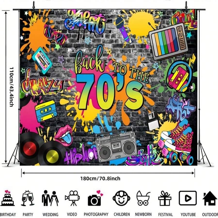 Retro 70s Party Backdrop - Hip Hop & Rock Music Disco Theme, Polyester ...