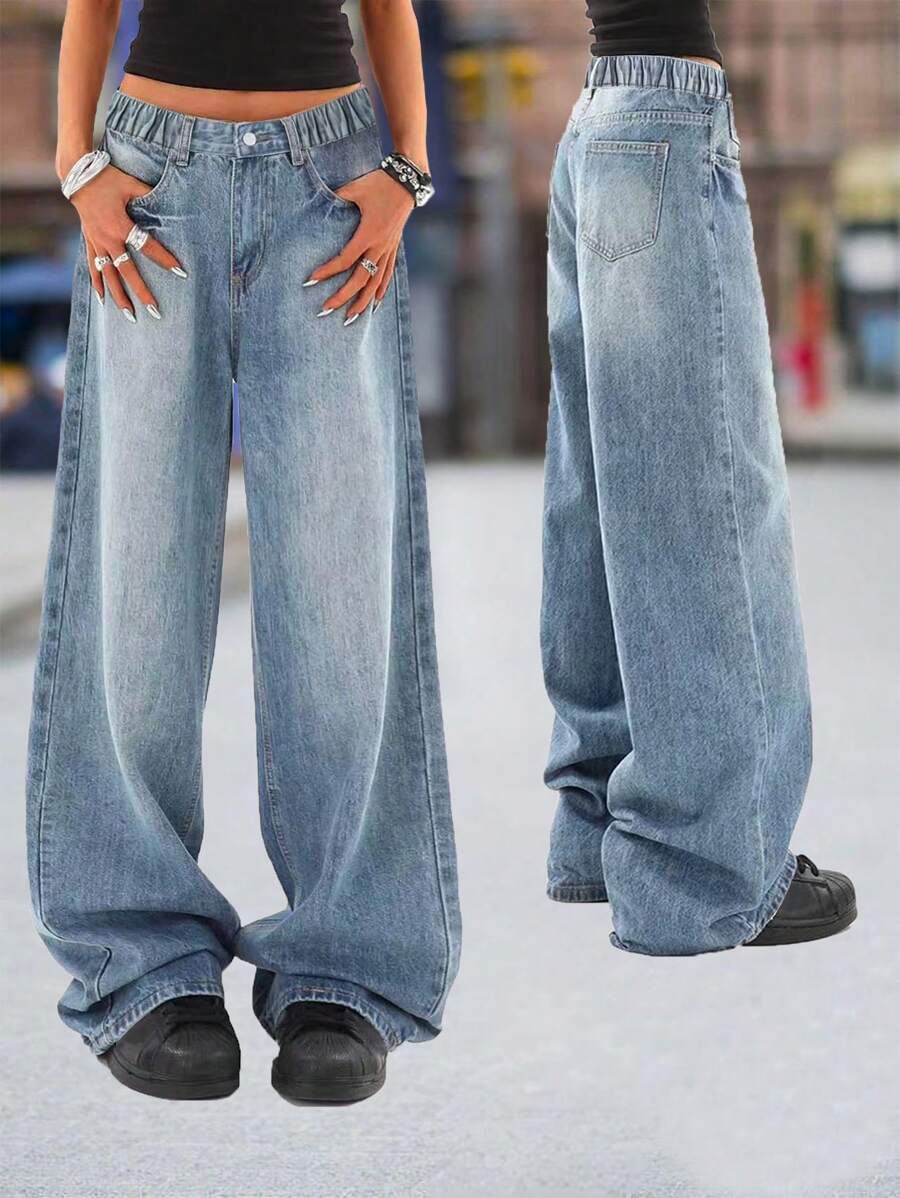 Vintage Blue Simple Straight Wide Leg Jeans, Loose Fit For Teenage ...
