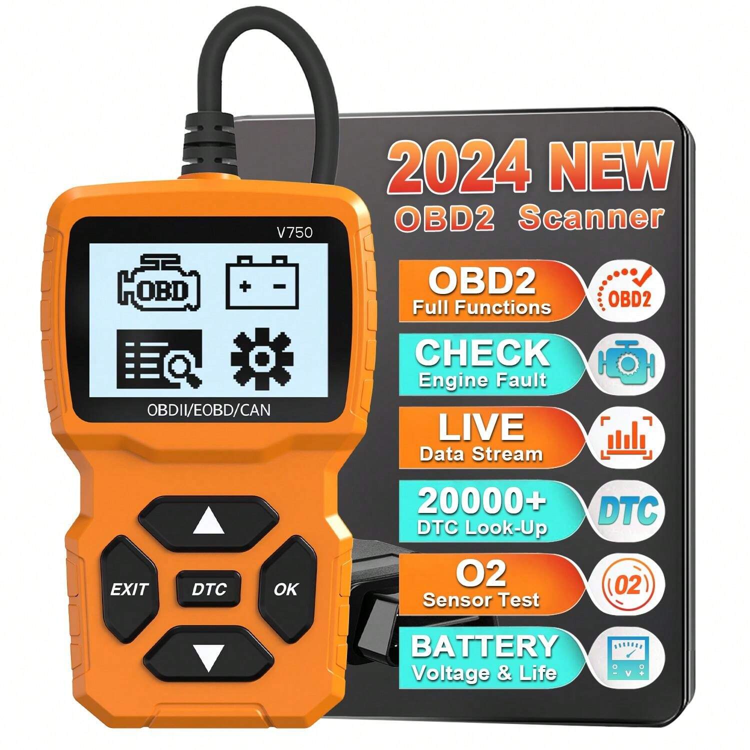 OBDII Scanner Diagnostic Tool, OBD2 EOBD Car Code Scanner Check Engine ...