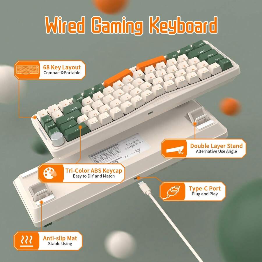 ATTACK SHARK AKS068 Wired Mechanical Gaming Keyboard 65% Alice Layout ...