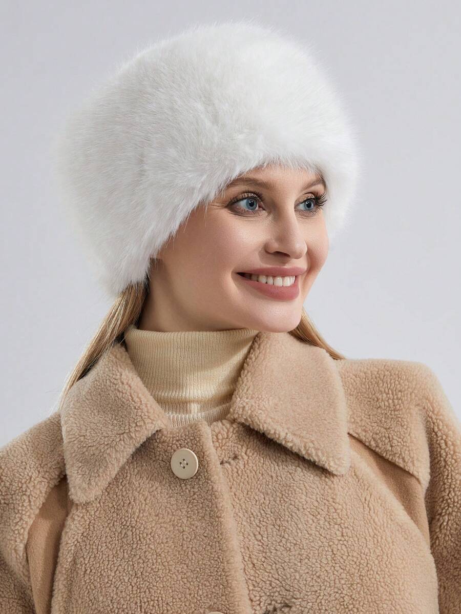 Women's Fluffy Hat For Winter With Stretch Cossack Style White Warm Cap ...