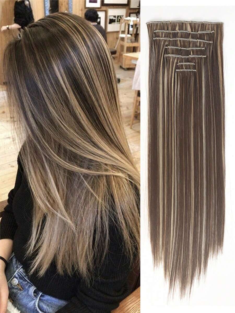 7-Piece Clip In Hair Extensions 22 Inch Long Straight Black Synthetic ...