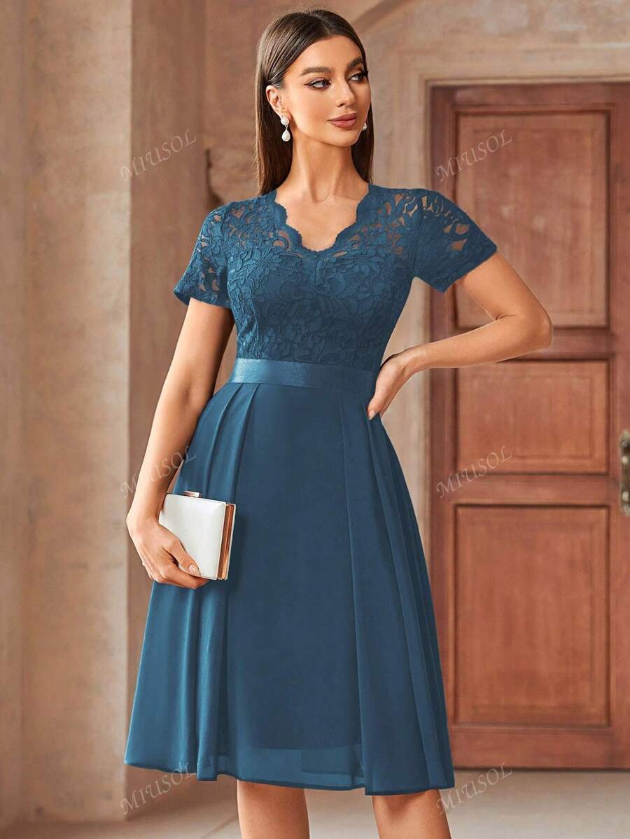 MIUSOL Elegant V-Neck Floral Lace Pleated Hem Chiffon Cocktail Party ...