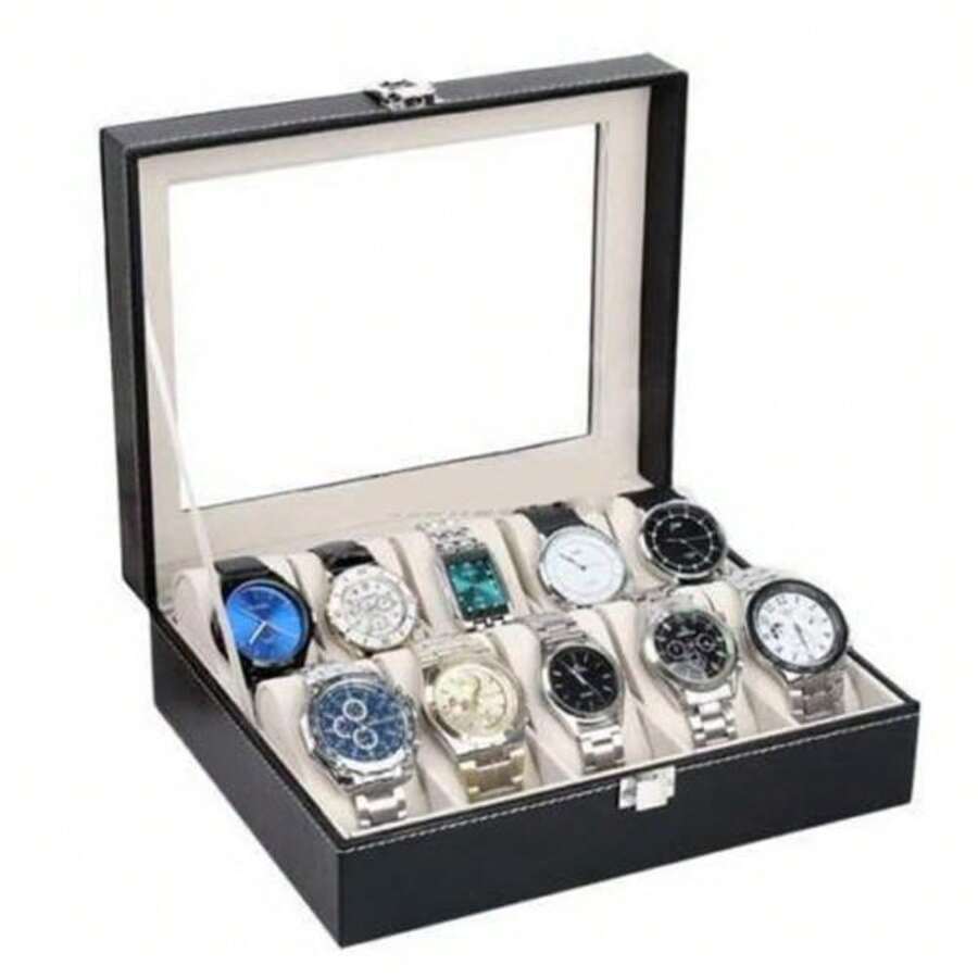10 Compartments High-Grade Leather Watch Collection Storage Box Black ...