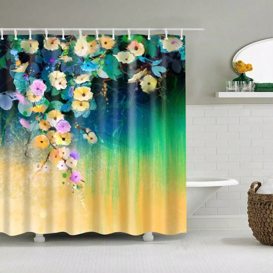 Spring Colourful Flower Bathroom Waterproof Shower Curtain Set With 12 ...