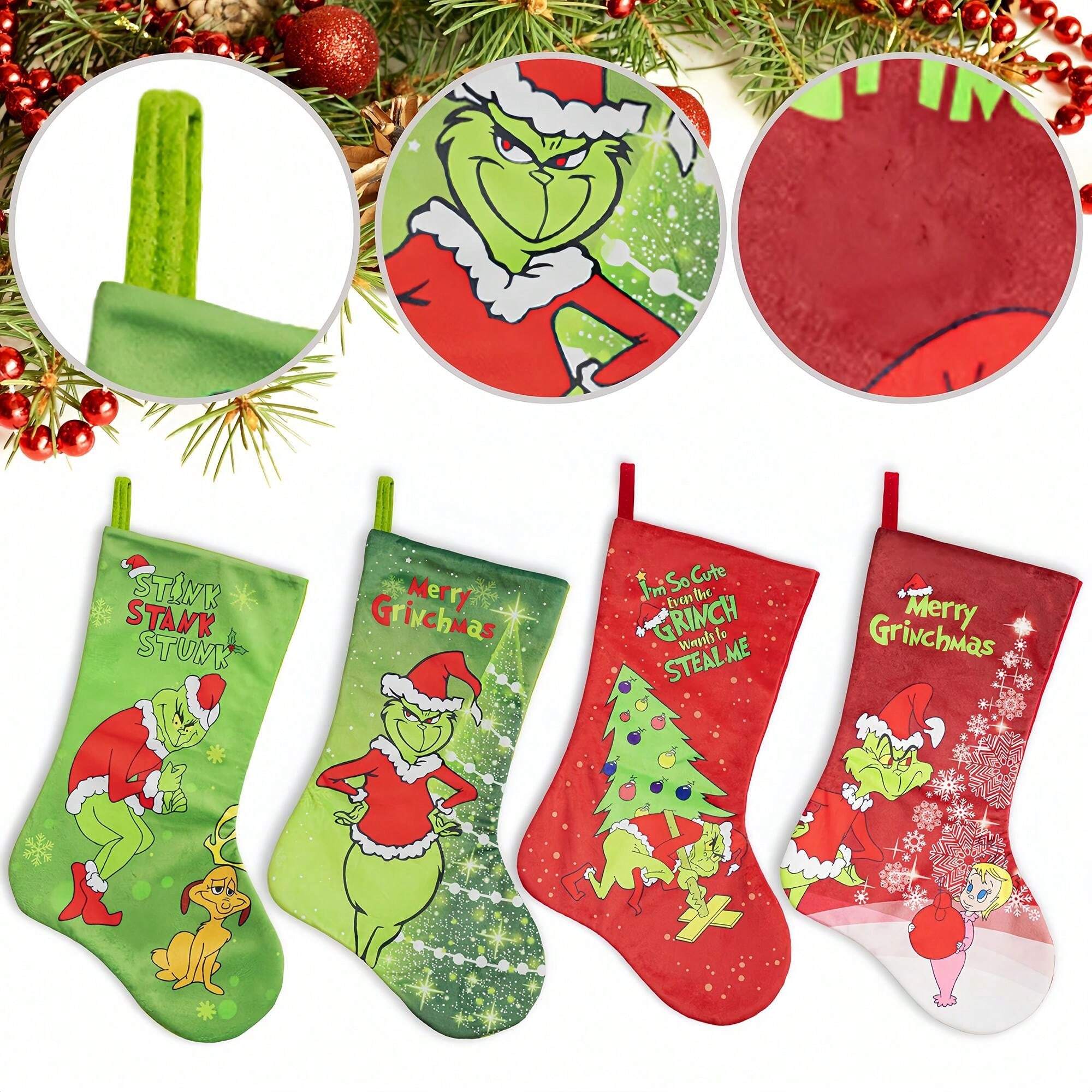 GRINCH Christmas Patchwork Stockings - Holiday Decorations, Large ...