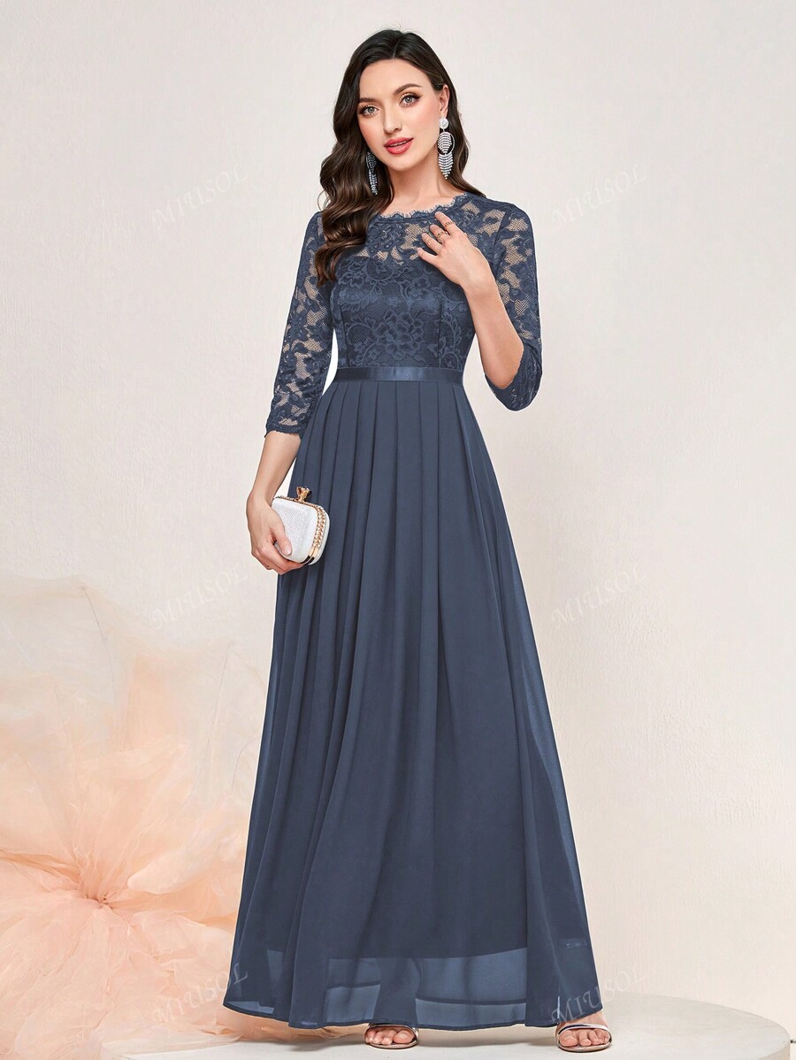 MIUSOL Elegant Floral Lace Chiffon Pleated Hem Formal Party Dress ...