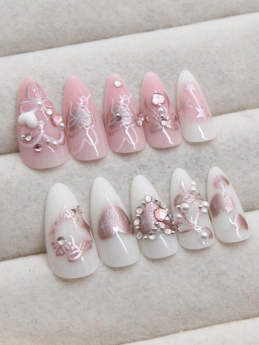 24pcs Adorable Self-Adhesive Fake Nails With Cute Bow Design, Removable ...