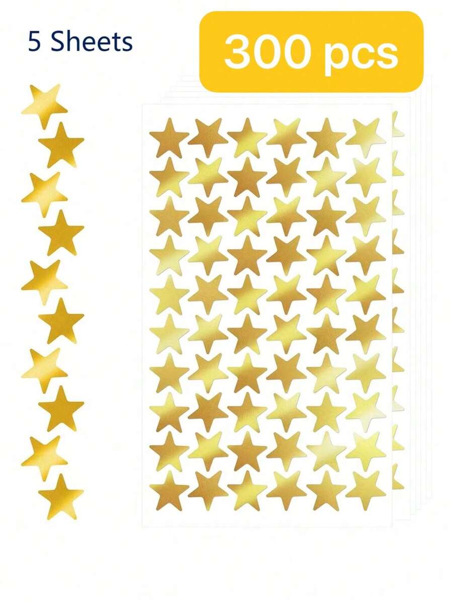 5 Sheets 300 PCS Holographic Star Stickers, Golden Stickers Teacher ...