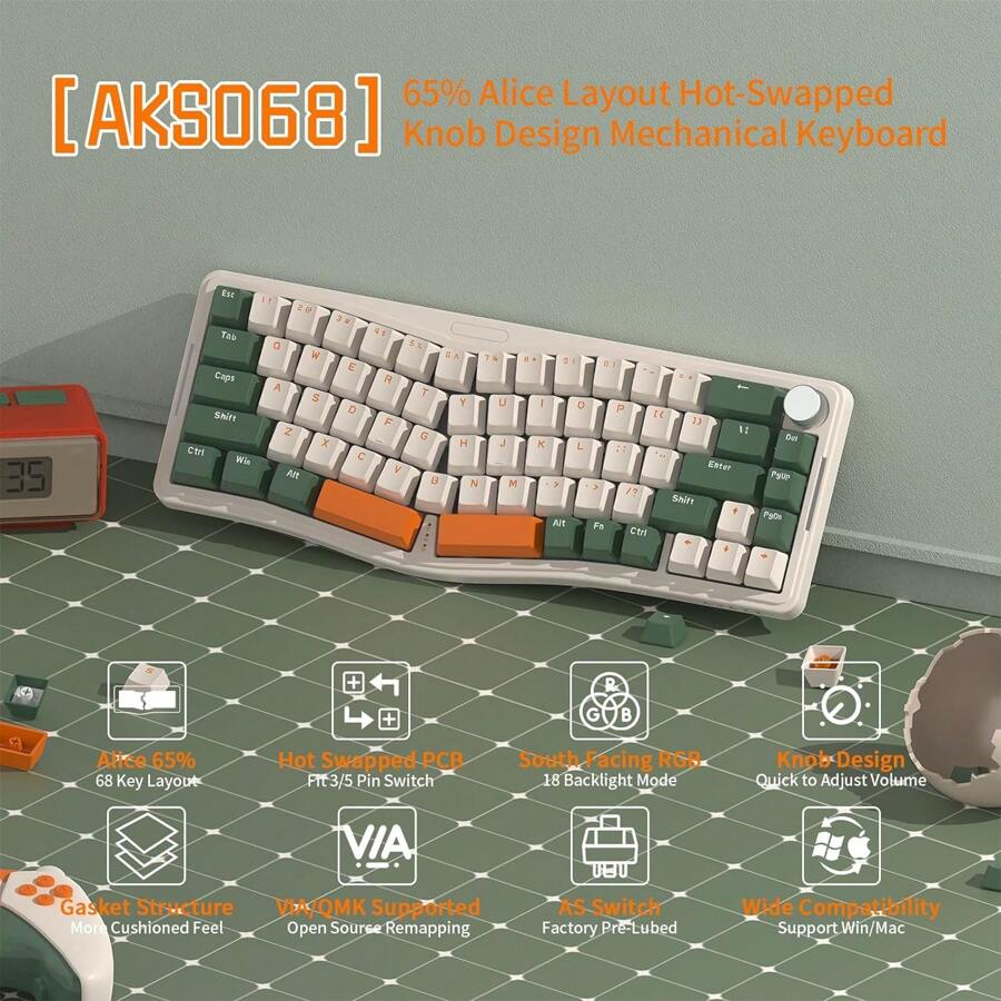 ATTACK SHARK AKS068 Wired Mechanical Gaming Keyboard 65% Alice Layout ...