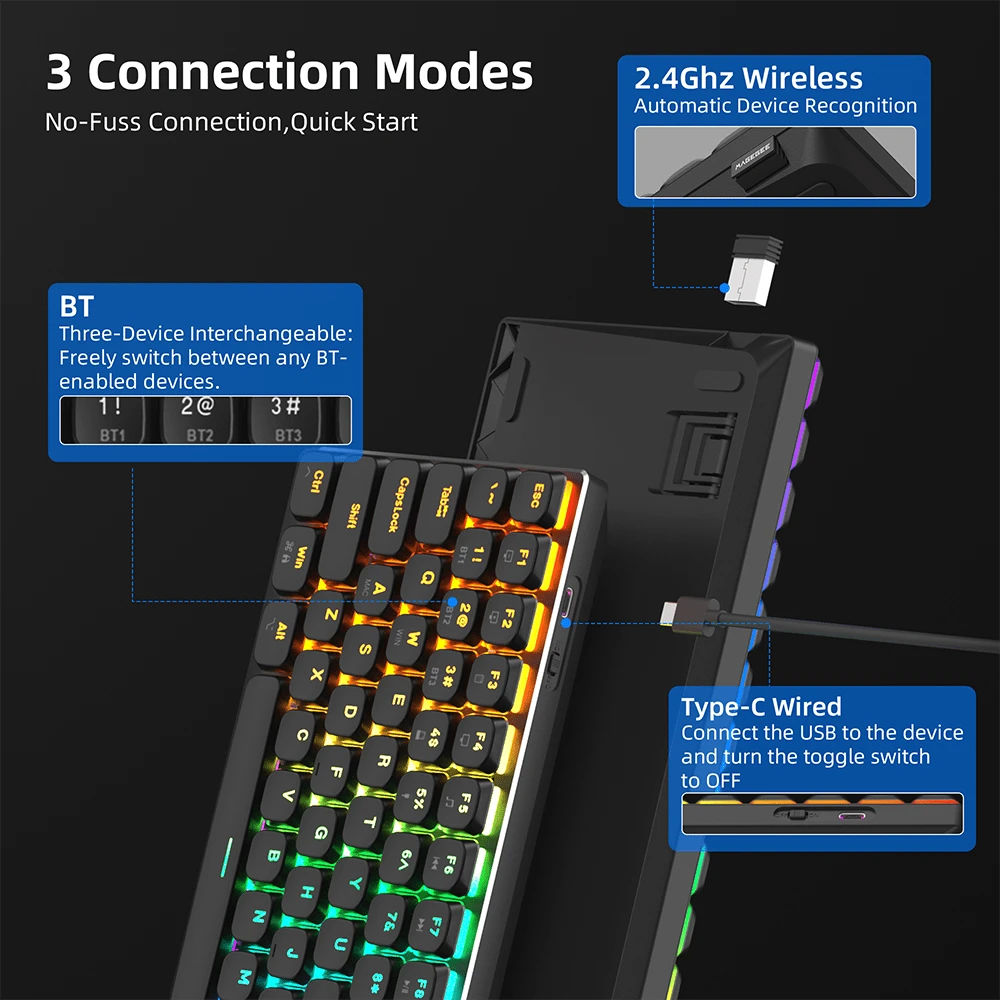 MageGee Moon84 Black Wireless Mechanical Keyboard, RGB Tri-Mode 84 Keys Ultra-Thin Gaming ...