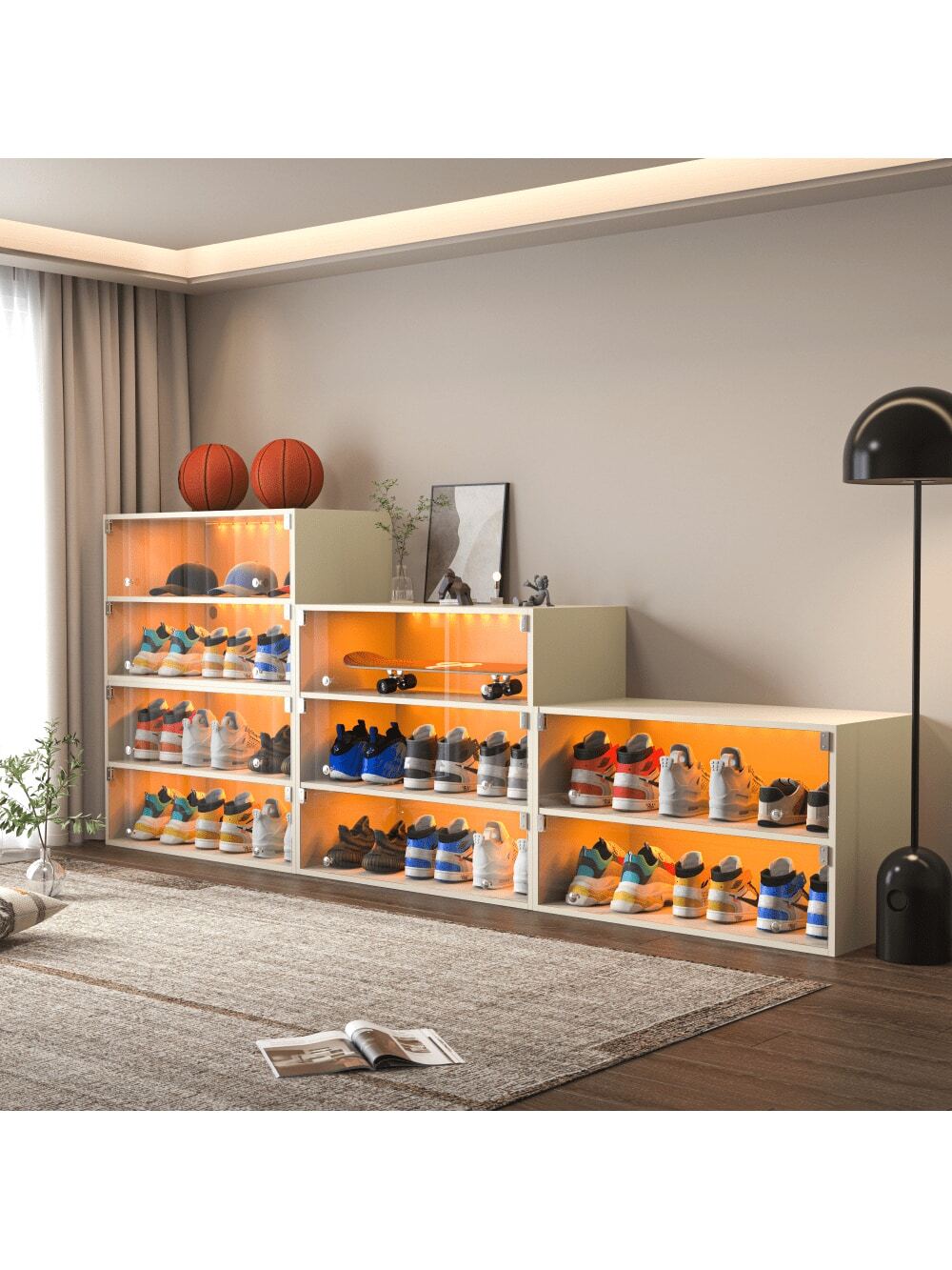 White Glass Door Shoe Box Shoe Storage Cabinet For Sneakers With RGB ...