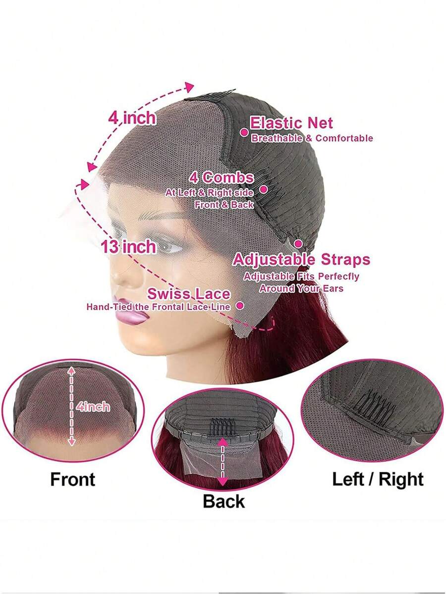 Perruque frontale en dentelle de cheveux humains de couleur Bourgogne ...