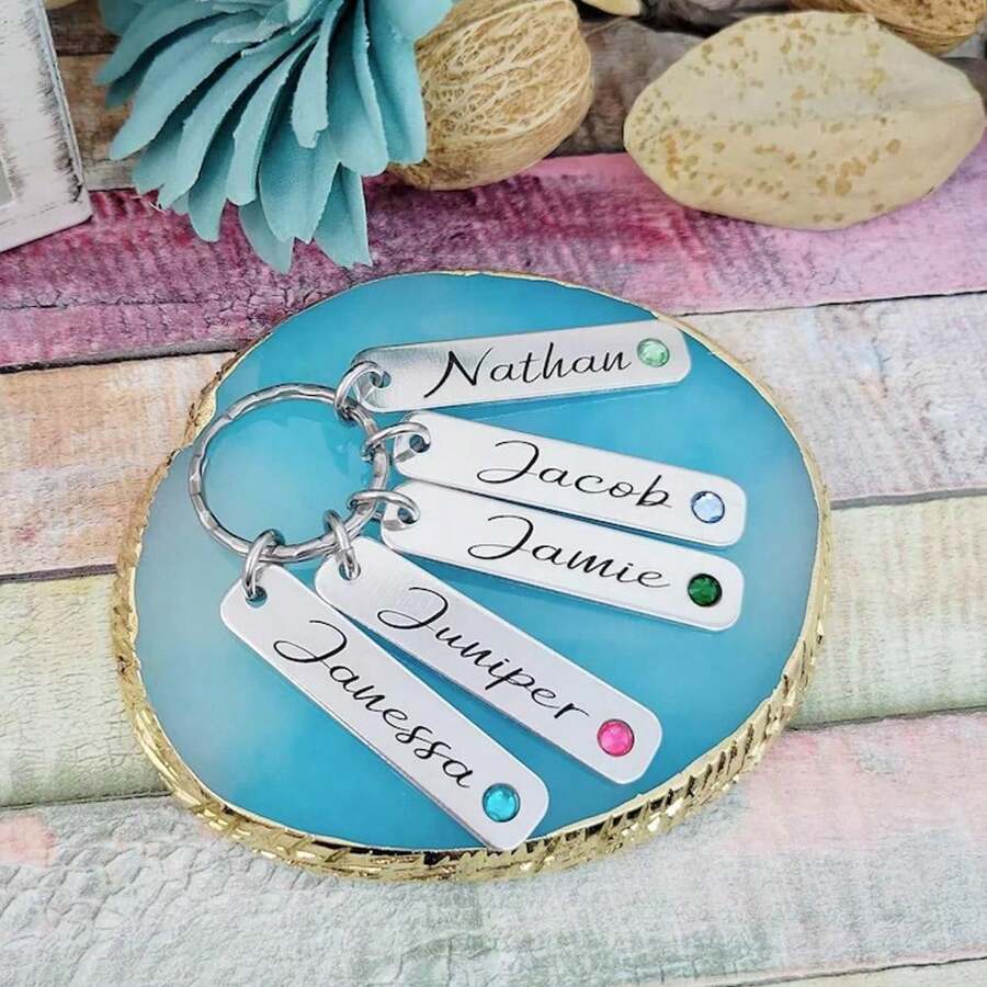 Personalized Family Keychain With Kids Names, Birthstone Name Charms ...