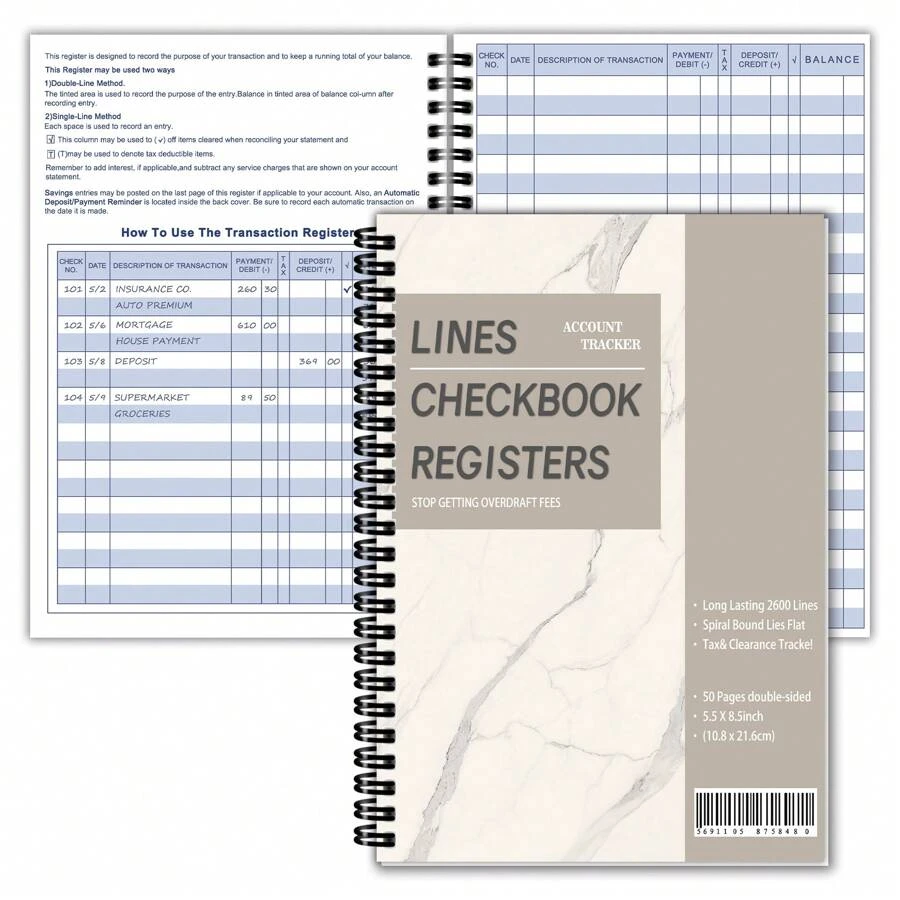 Grey Checkbook Register - High-Quality 50-Page Double-Sided Accounting ...