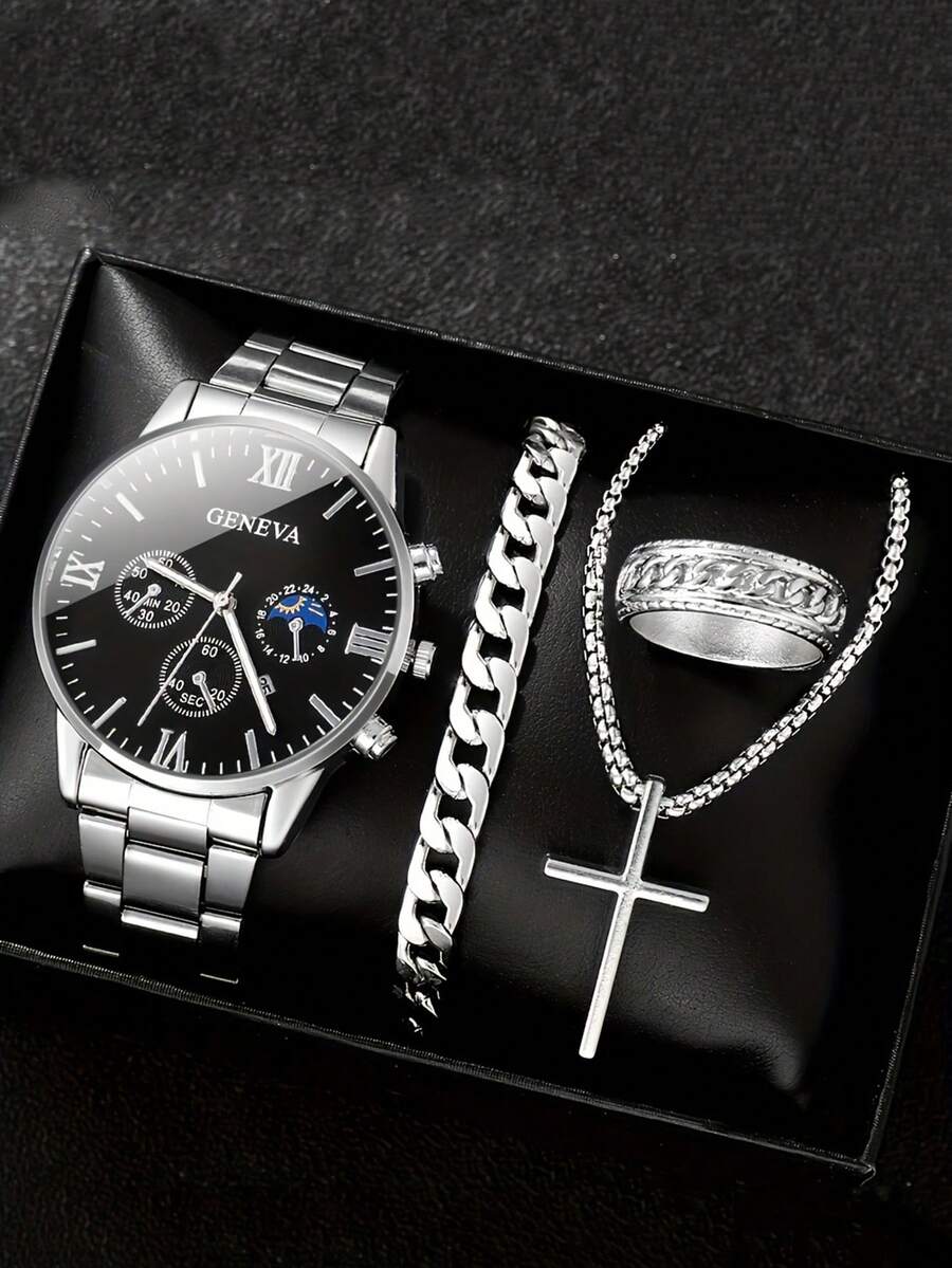 4pcs Men's Fashion Set: Casual Quartz Watch With Calendar, Silvery ...