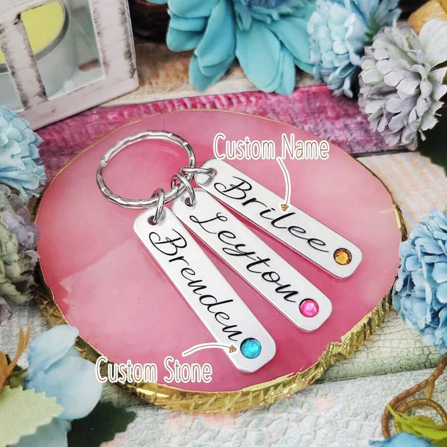 Personalized Family Keychain With Kids Names, Birthstone Name Charms ...