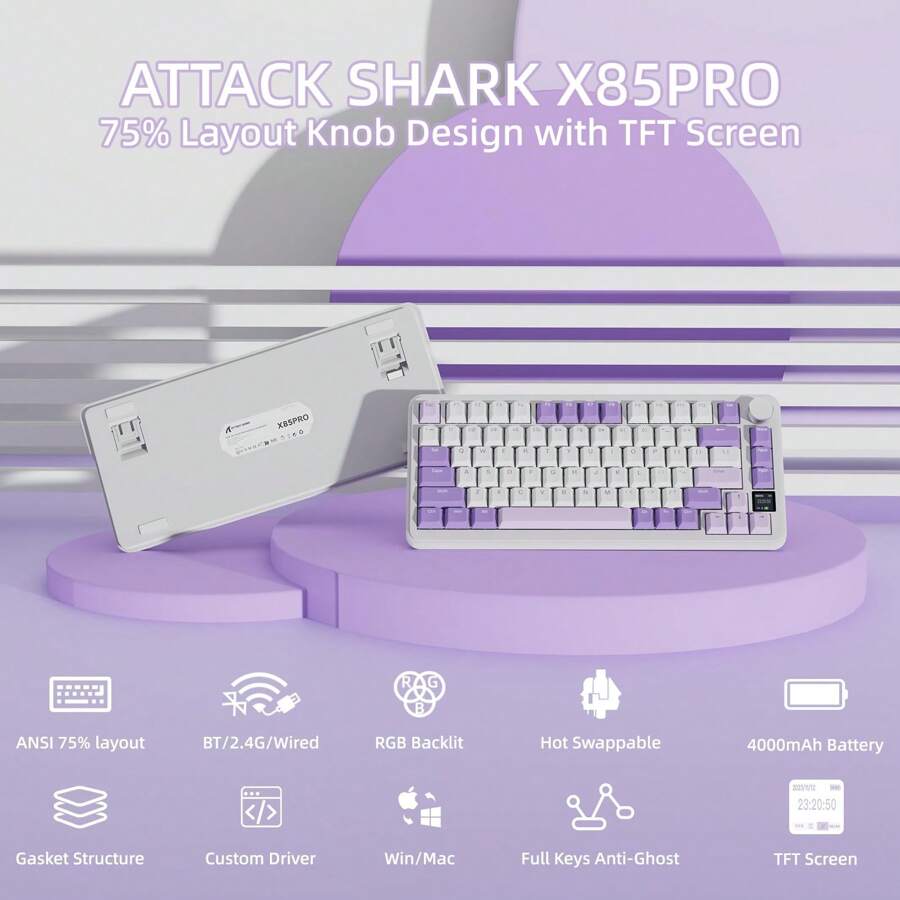 ATTACK SHARK X85PRO Wireless Mechanical Keyboard With TFT Display & Knob, 75% QMK Gasket-Mounted ...