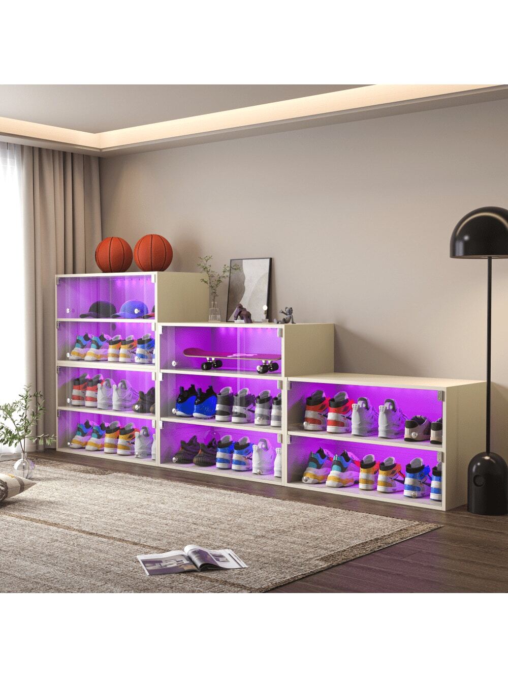 White Glass Door Shoe Box Shoe Storage Cabinet For Sneakers With RGB ...
