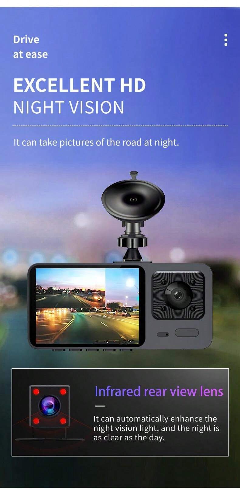3 Channel Car DVR HD 1080P 3-Lens Inside Vehicle Dash Cam Three Way ...