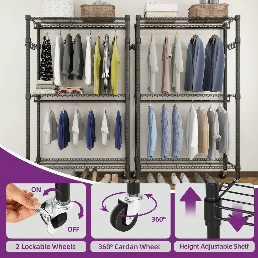 Heavy Duty Metal Garment Rack, 3 Tiers Adjustable Wire Shelving Clothes ...