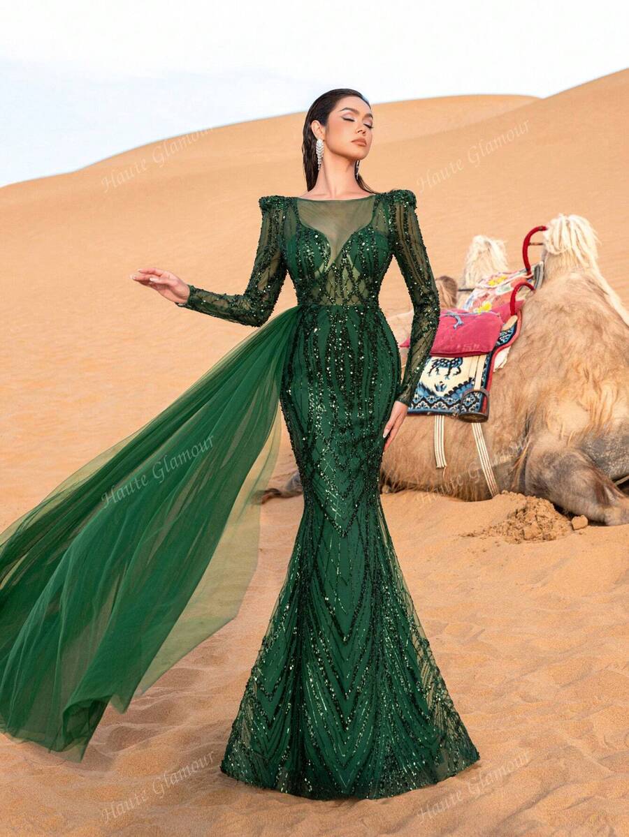 Glamorous Sheer Bodice Sequin Beaded Formal Party Dress & Evening Gowns ...