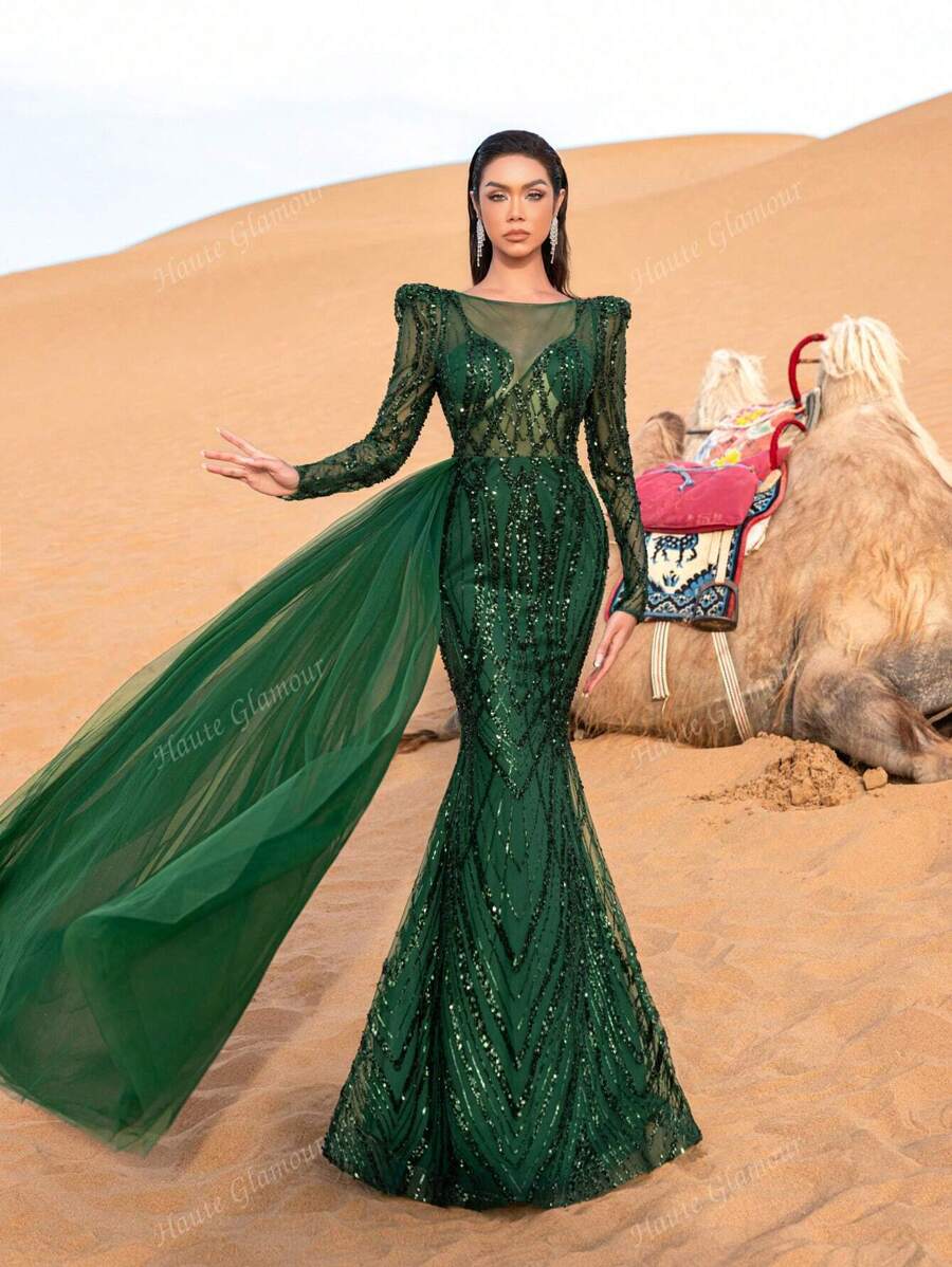 Glamorous Sheer Bodice Sequin Beaded Formal Party Dress & Evening Gowns ...