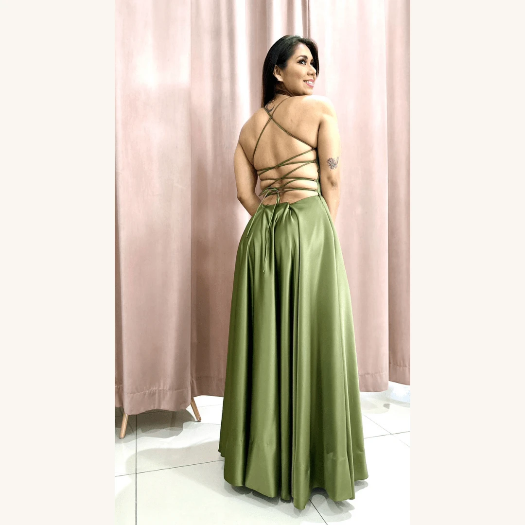 Long A-Line Dress With Straps And Open V-Neckline On The Leg In Olive ...