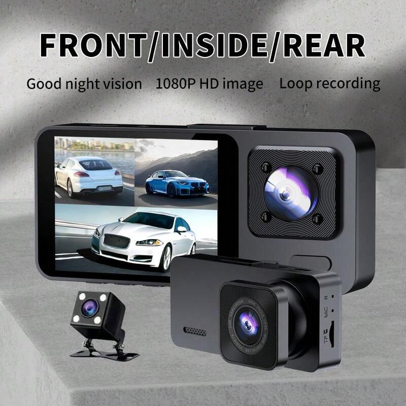3 Channel Car DVR HD 1080P 3-Lens Inside Vehicle Dash Cam Three Way ...