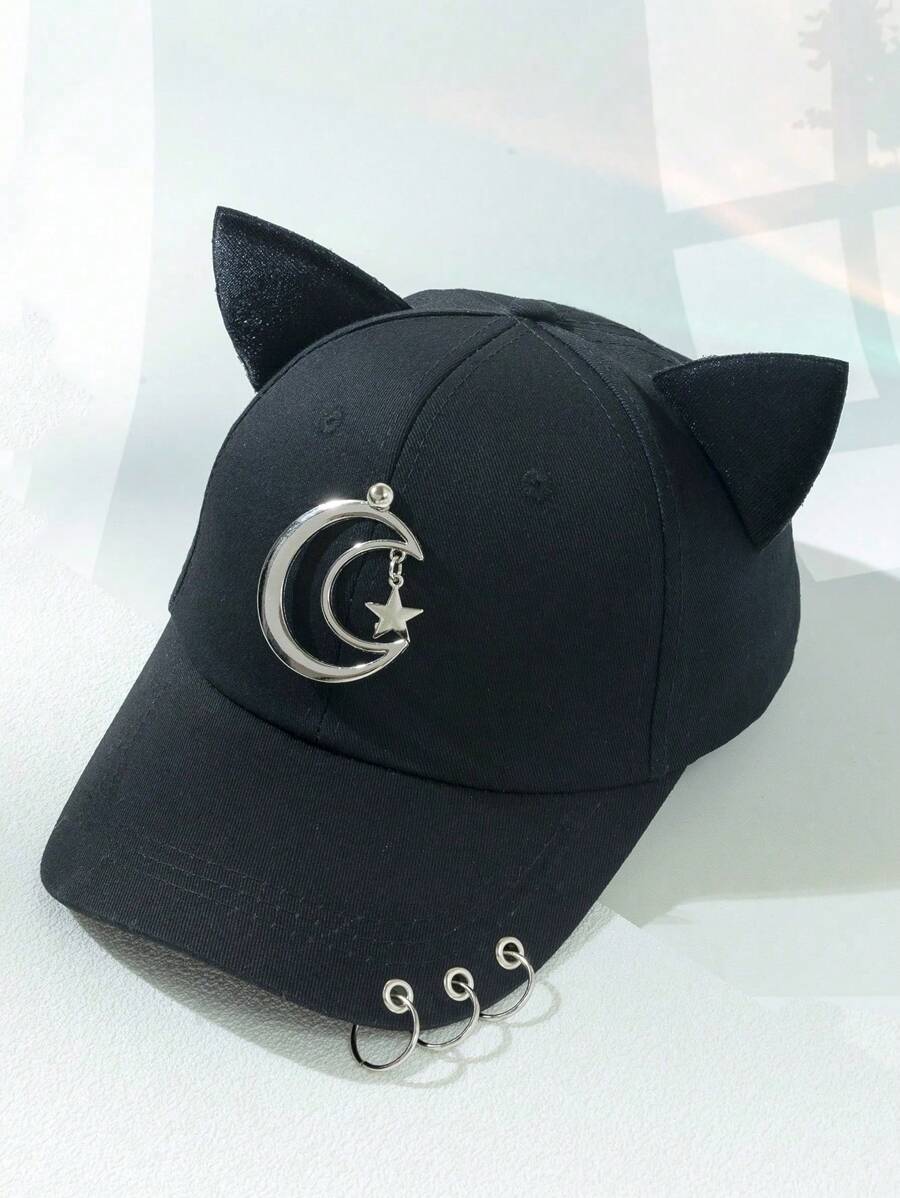 1pc Metal Chain Cat Ear Baseball Cap, Playful & Y2K Style Halloween ...