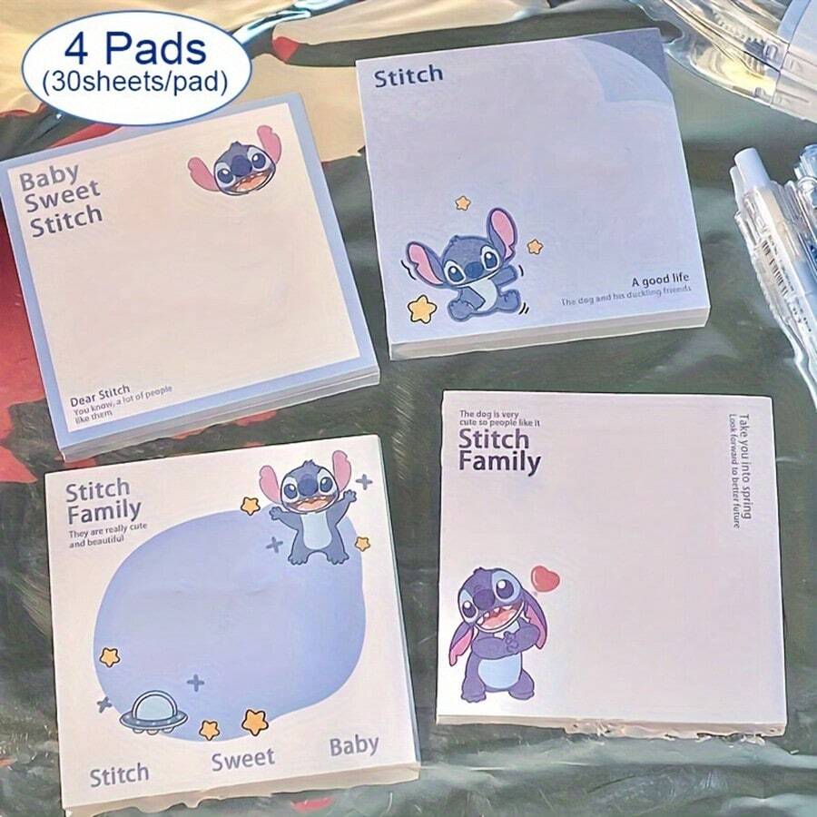 Sanrio Stitch-Themed Sticky Notes -4 Pads, 30 Sheets Each, Easy Tear ...