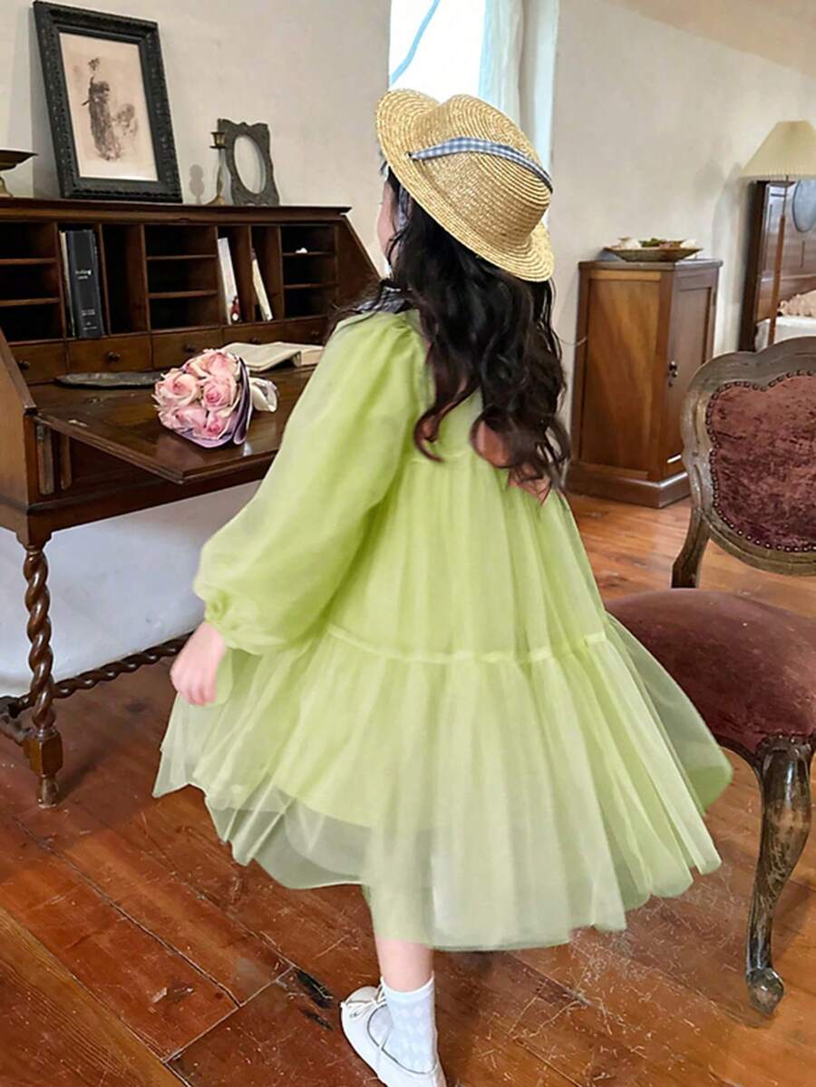 New Spring/Autumn Girls Cute Sweet Mesh Puffy Princess Dress With Puff ...