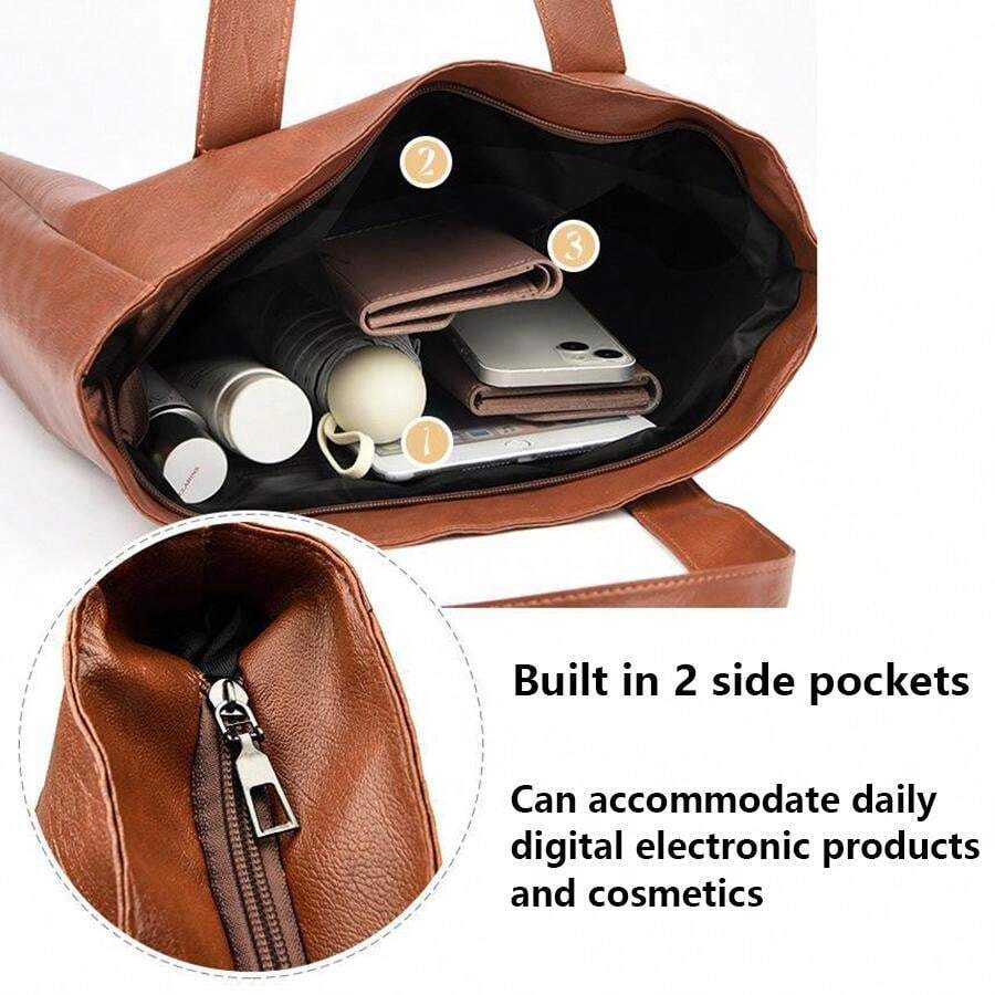 1pc New Women's PU Leather Zipper Tote Bag Men's Large Capacity 14 Inch ...