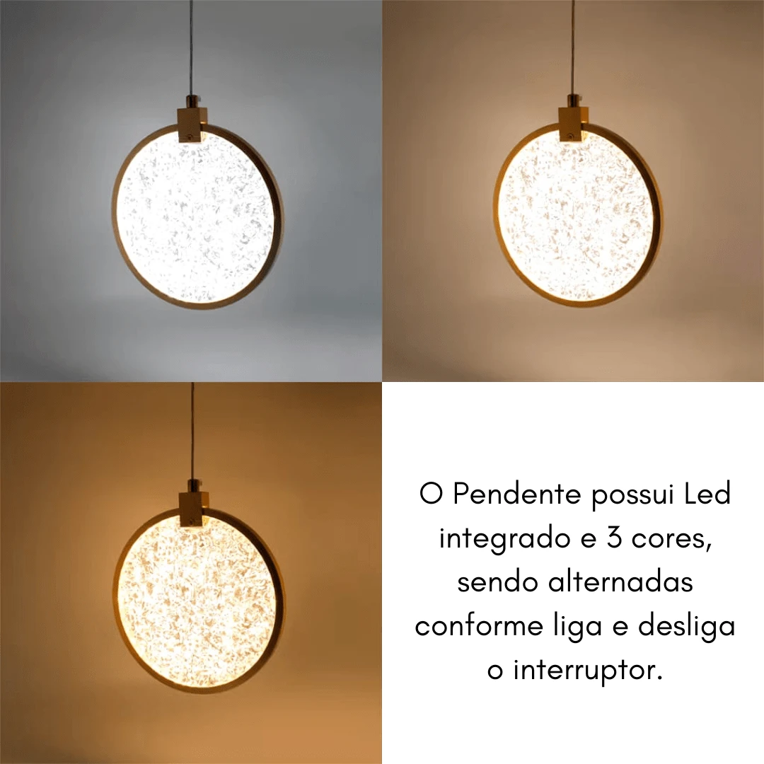 Lustre Pendente LED Redondo Disco de Cristal Dourado com 3 temperatura ...