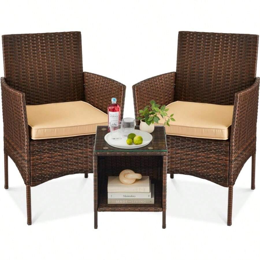 3-Piece Outdoor Wicker Conversation Bistro Set, Space Saving Patio Furniture For Garden W/Side ...