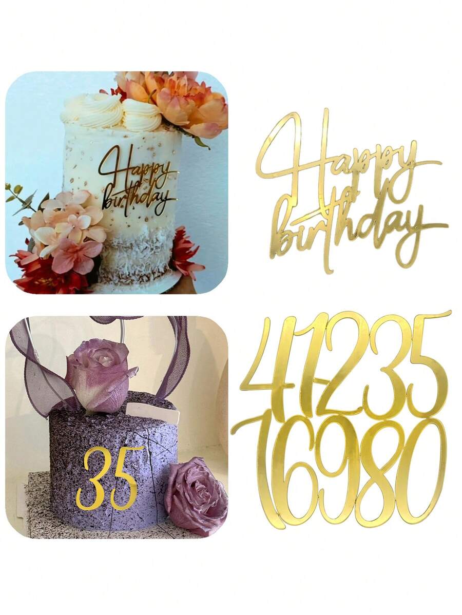 10Pcs Numbers 0~9 Golden Cake Topper And Art Fonts 'Happy Birthday'Cake ...