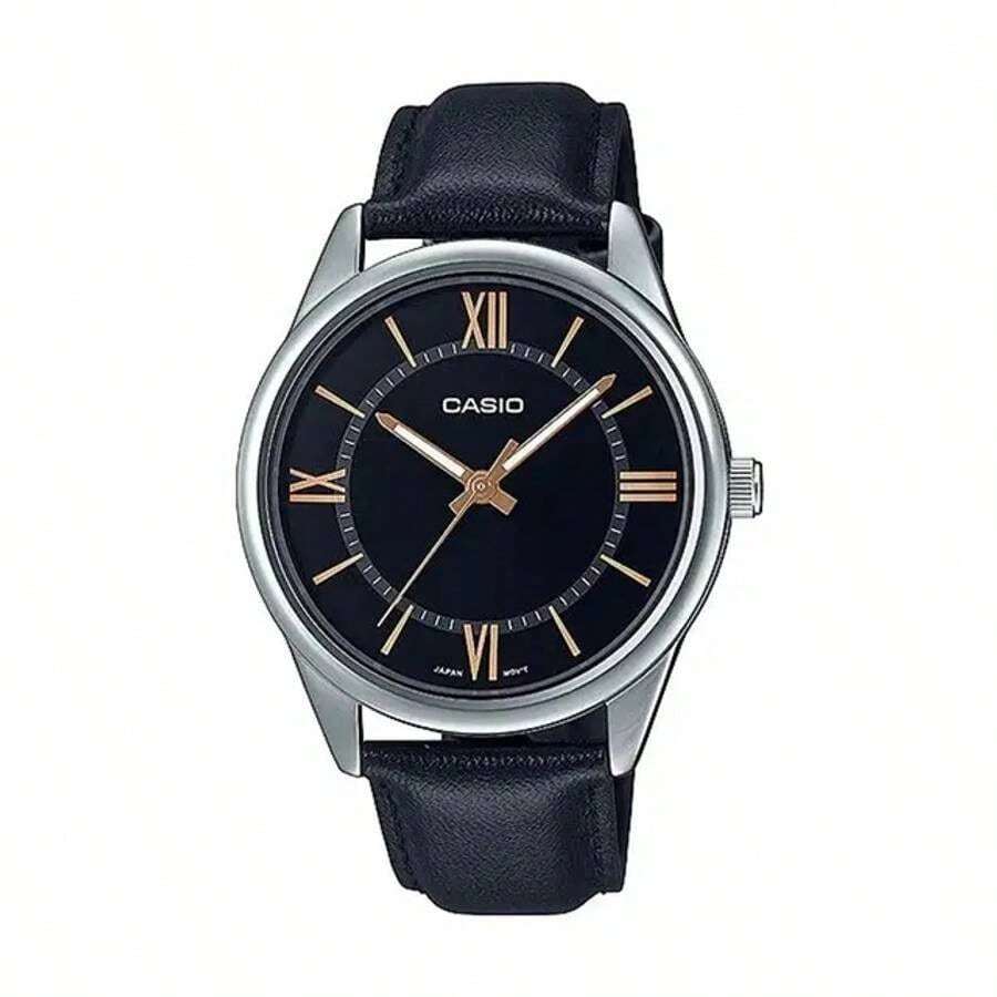 Casio Roman Numerals Leather Band Analog Watch Black | SHEIN UK