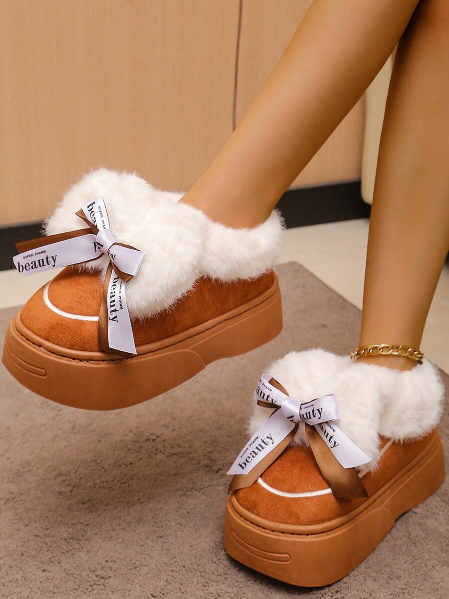 Women's Bow Thick Sole Snow Boots, Fleece Lined Indoor Outdoor Winter ...